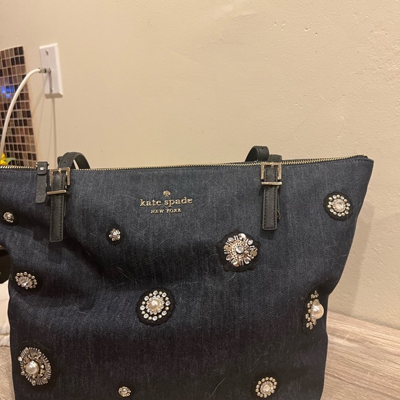kate spade | Bags | New Kate Spade Denim Tote With Pearls And Crystals ...